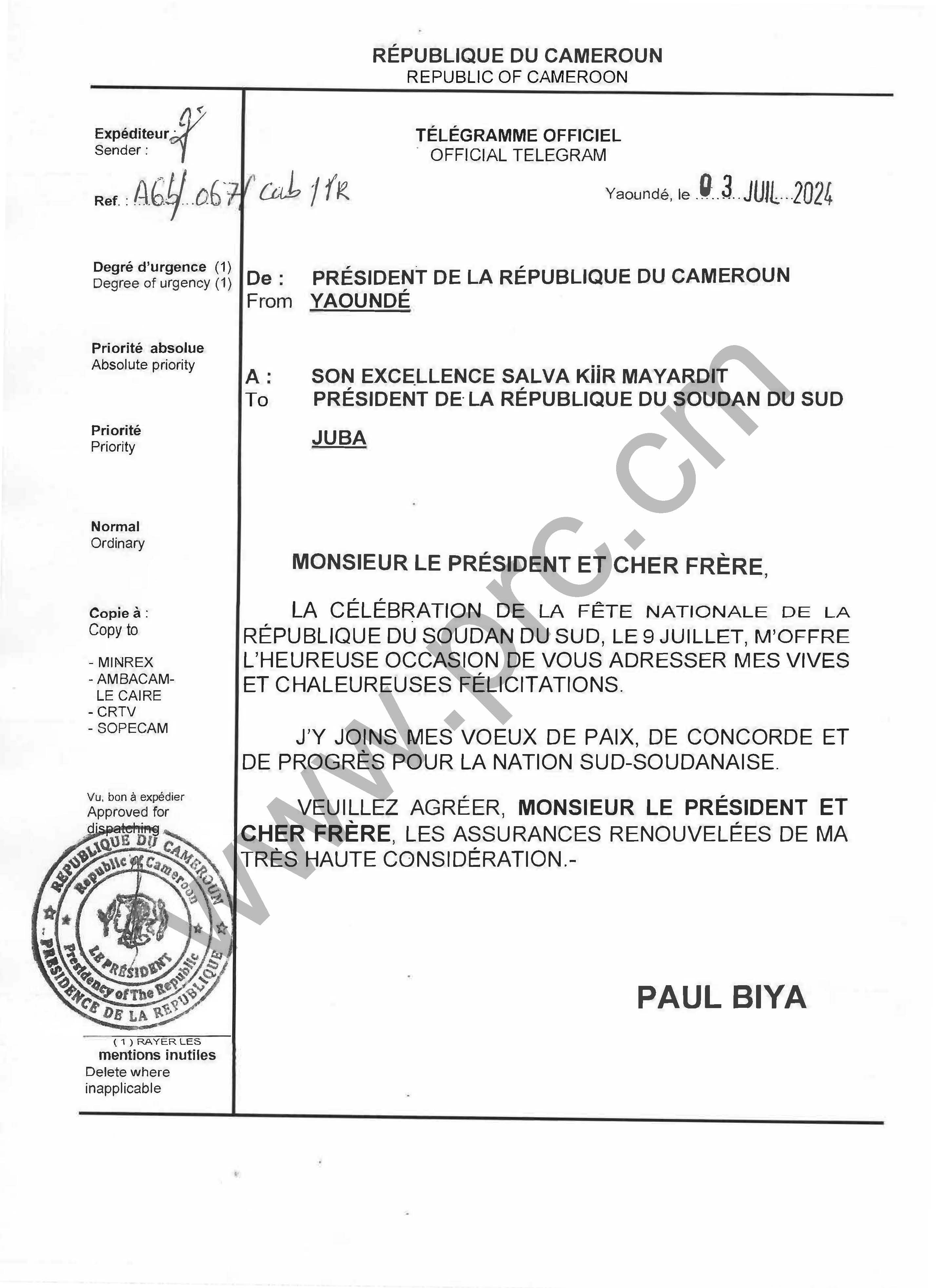 Message de félicitations du Chef de l’État à S.E. Salva Kiir Mayardit, à l'occasion de la fête ...